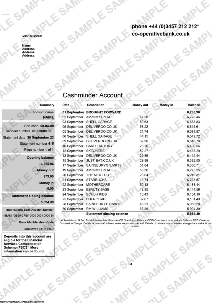 Co-Op Bank Statement Template | Fake Bank Statement
